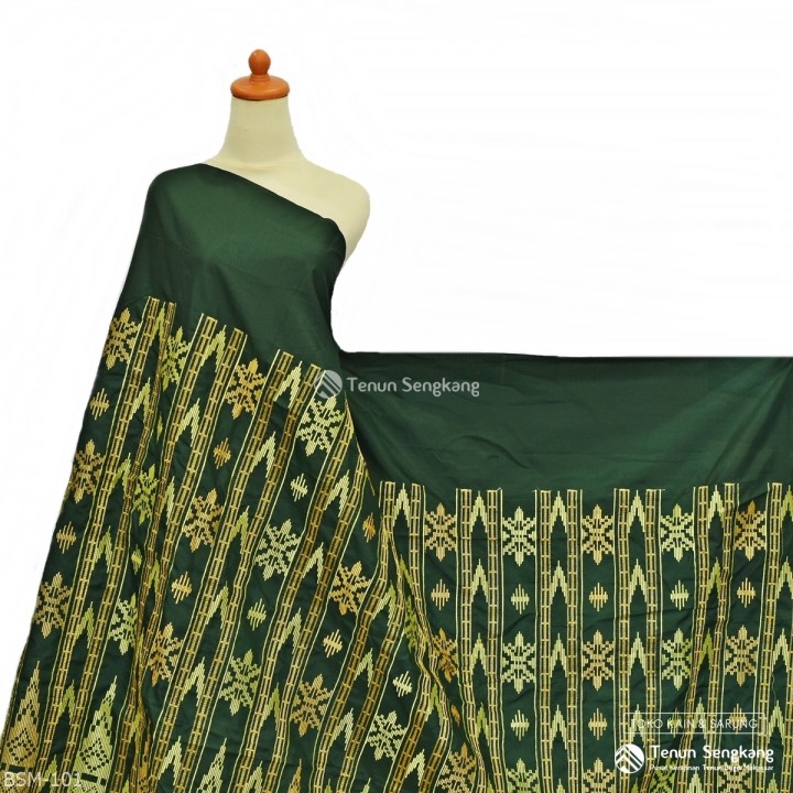 Tenun Sengkang - Kain Tenun Sulam Motif Bugis Hijau Botol BSM-101