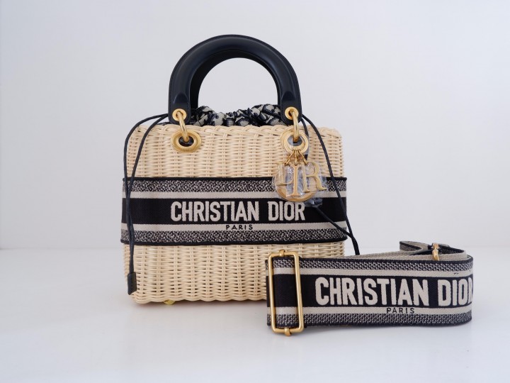 Branded Outlet - DIOR MEDIUM LADY NATURAL WICKER & OBLIQUE JACQUARD BAG