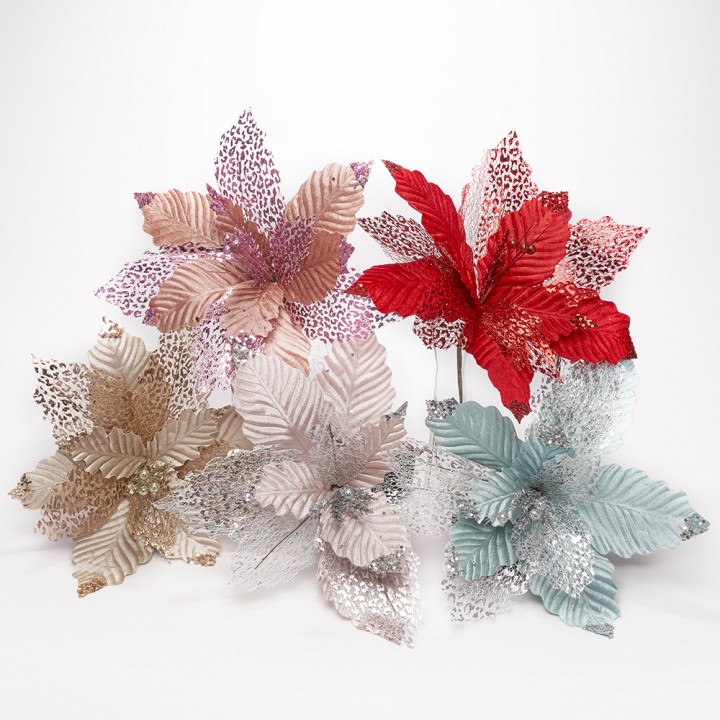 www.yeraya.com - Hiasan Bunga Natal Poinsettia Leopard 45cm